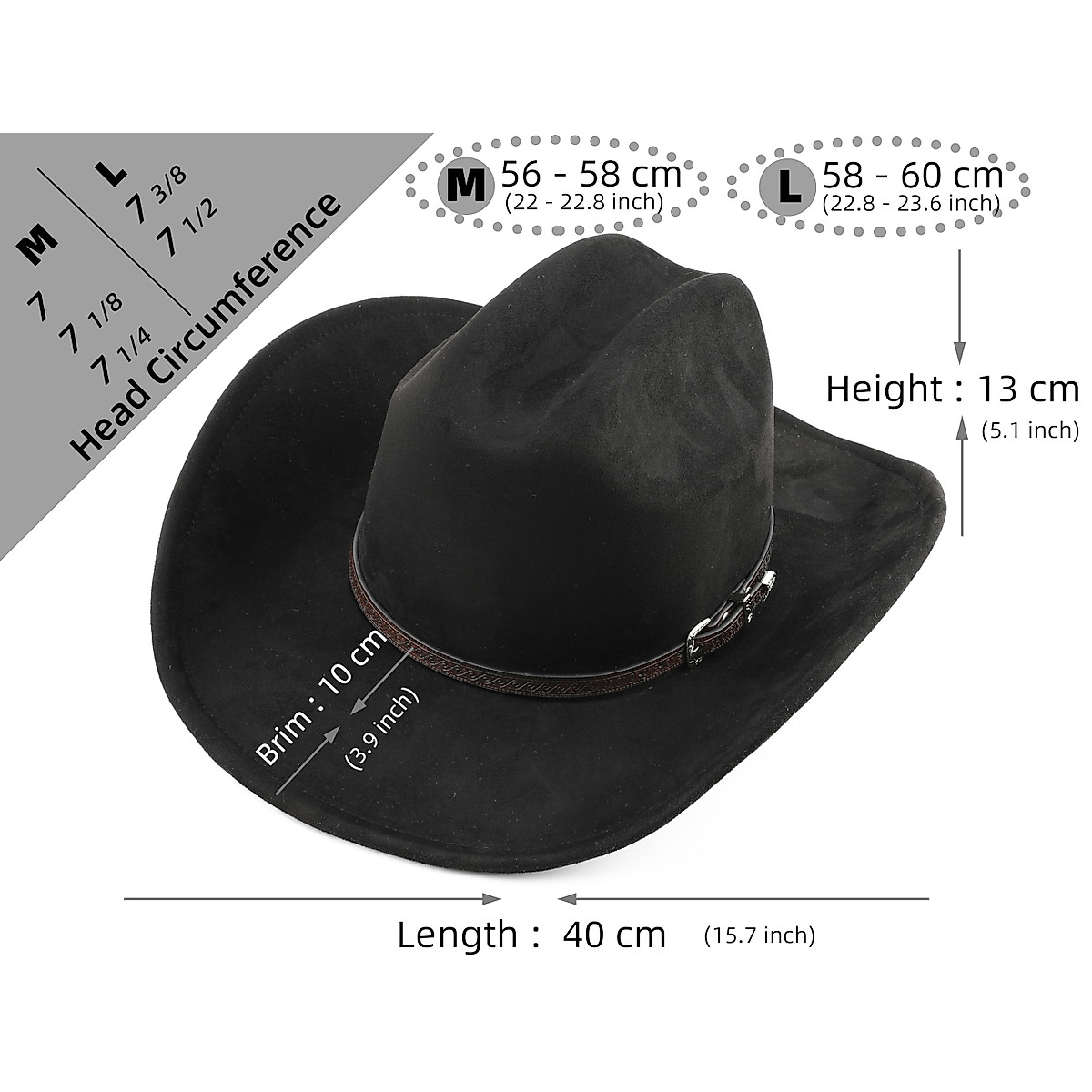 Pro Celia Big Wide Brim Cowboy Hat for Women Men Felt Western Cowgirl Hats (US, Alpha, Medium, Belt-Black)