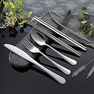 Reusable Utensils Set with Case Portable Travel Utensils Cutlery Set Stainless Steel Flatware Set for Camping 8pcs Including Dinner Knife Fork Spoon Chopsticks Boba Straw (Silver)