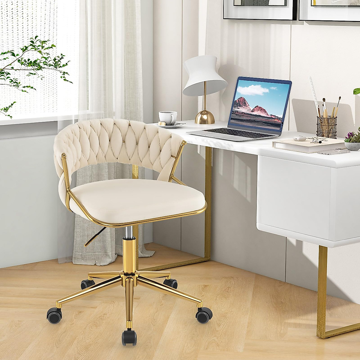 COSTWAY Velvet Office Desk Chair, Upholstered Makeup Vanity Chair w/Woven Back & Gold Base, Height Adjustable Swivel Computer Task Chair, Home Office Chair w/Wheels for Bedroom Study (Beige)