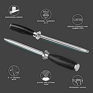 TUO Kitchen Knife Sharpener 8 inch Honing Steel Knife Sharpening Tool Helps Repair Restore Polish Blades Sharpening Rod, German stainless steel With Gift Box, Fiery Phoenix Series - Black