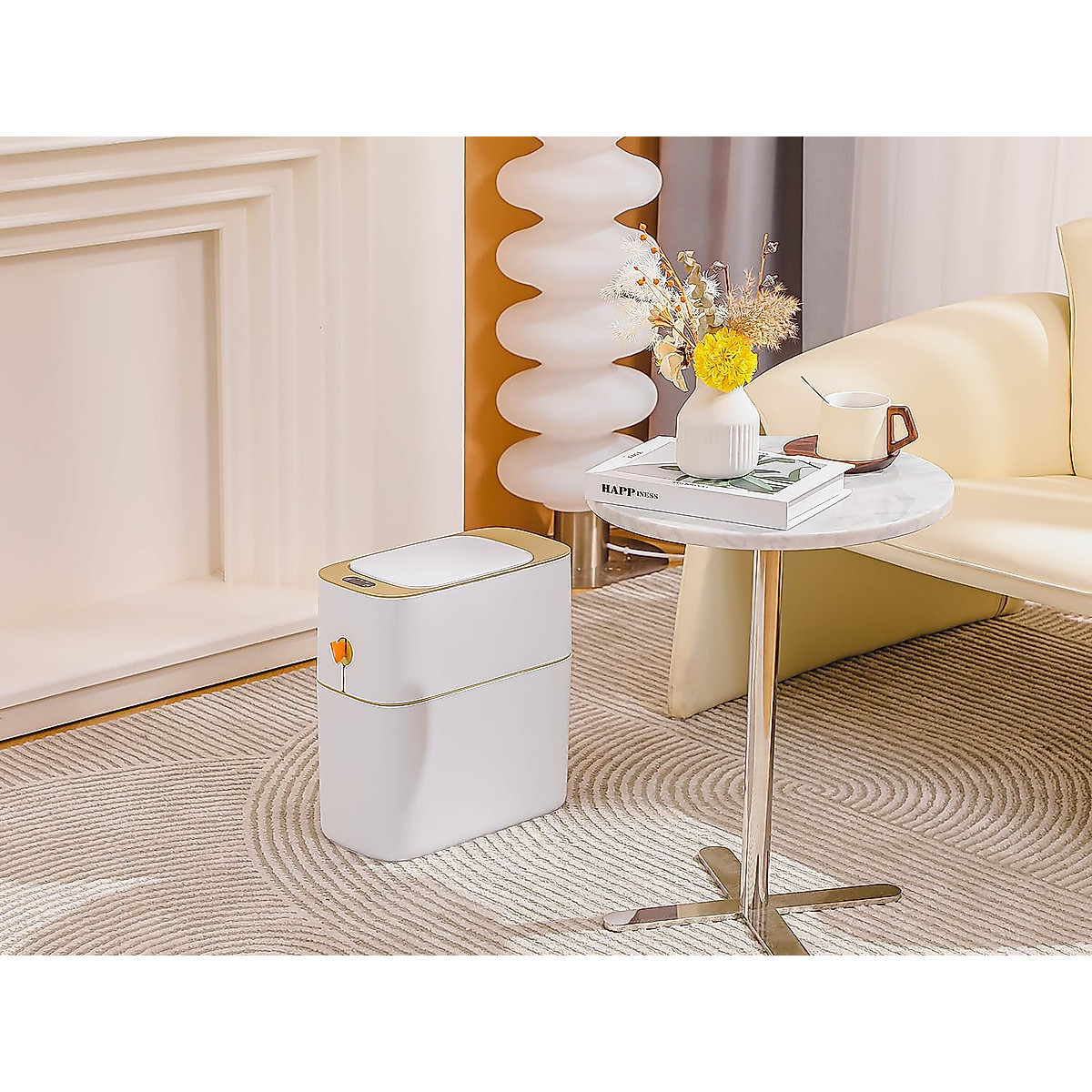 MOPALL Bathroom Trash Can Automatic Touchless,Small Motion Sensor Trash Can with Lid,4 Gallon White-Gold Narrow Smart Garbage Can,Boho Decorative Wastebasket for Bedroom,Home Office,Bathroom