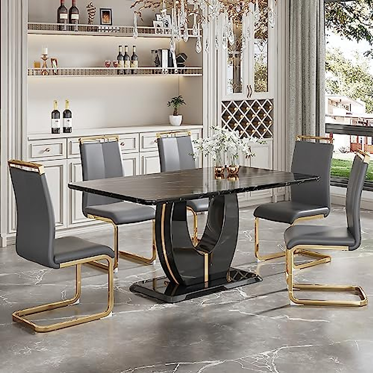 JUFU Modern Dining Table Set for 6,Rectangula Kitchen Table Set with Faux Marble Tabletop＆6 Pu Leather Upholstered Chairs Ideal for Dining Room, Kitchen, Grey-golden Legs