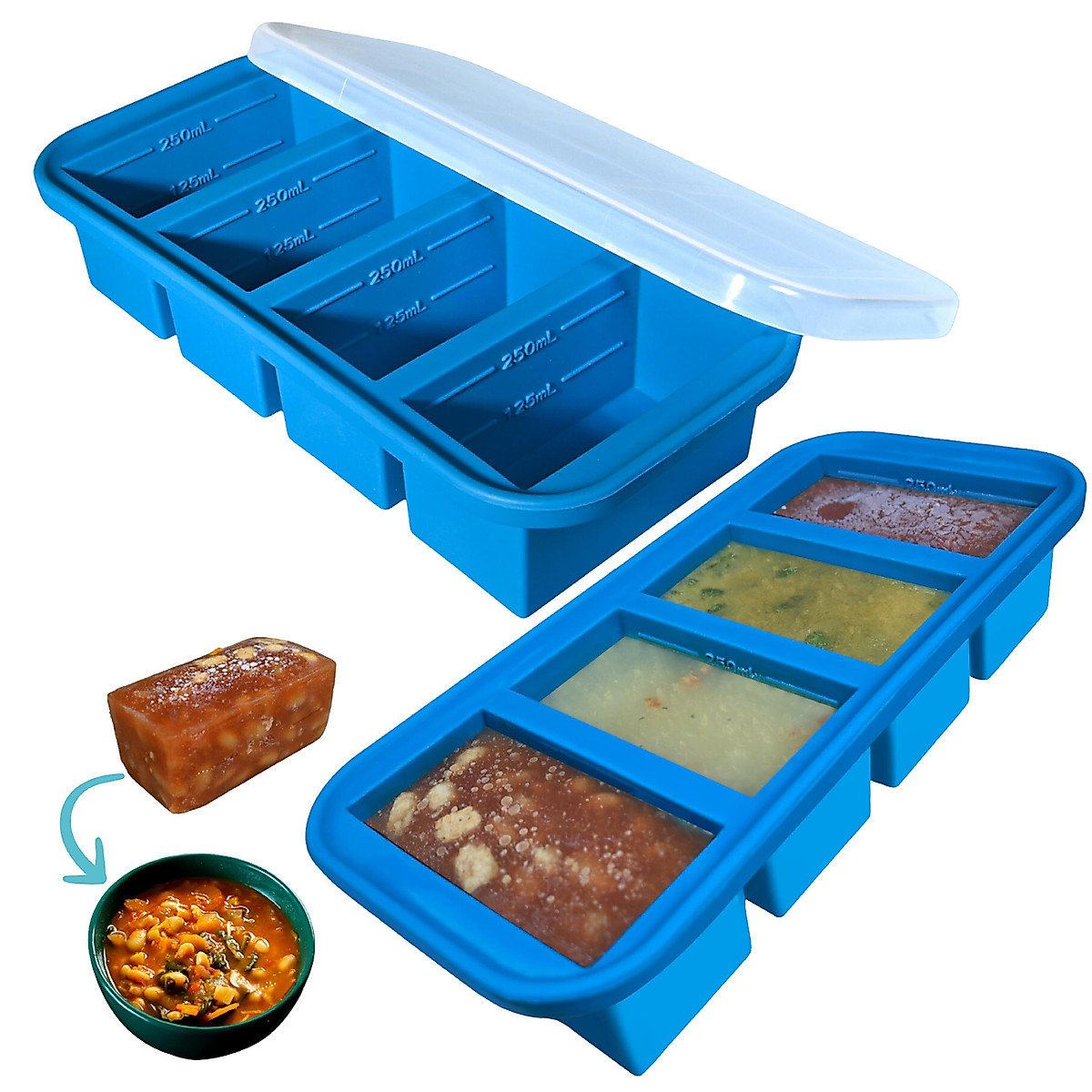 Sandunes 1 Cup Silicone Freezer Molds - Soup Cubes Perfect for Freezing Soup, Sauce, Rice, Leftovers and More - Silicone Freezer Trays with Lids for Meal Prep - Blue - 2-Pack