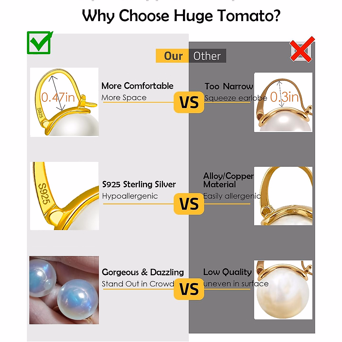 HUGE TOMATO Pearl Earrings for Women Trendy, 14mm 925 Sterling Silver Pearl Drop Earrings Fashion, 14K Gold Plated Hypoallergenic Large White Shell Pearl Hoop Earring Dangle Jewelry for Wedding Gift