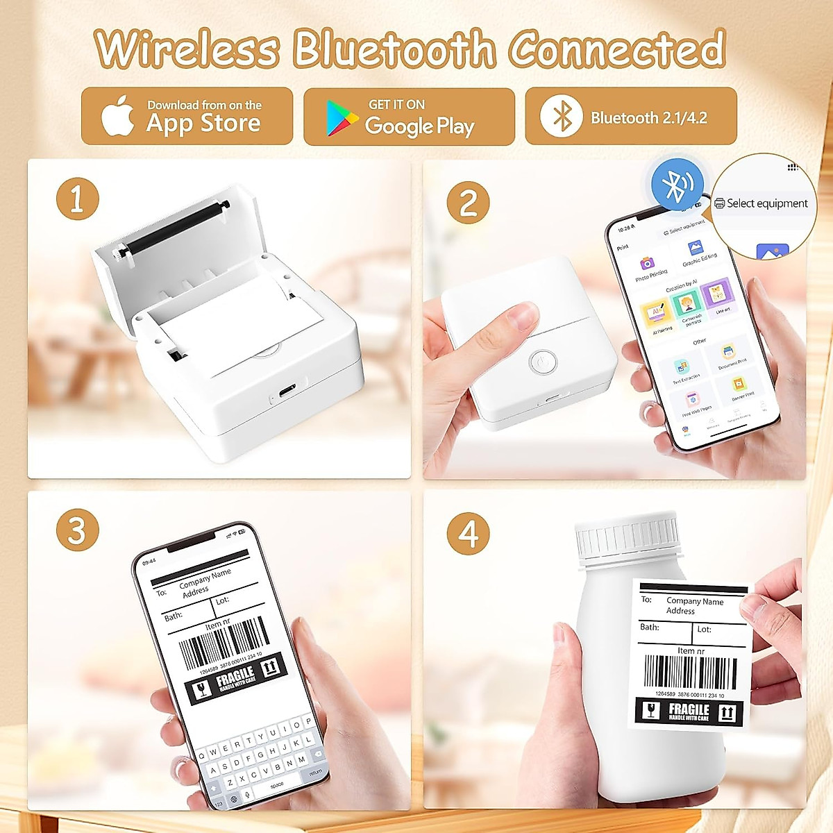 ADBAOBO Mini Sticker Printer, Portable Bluetooth Photo Printer, Pocket Thermal Printer for Study Notes, Scrapbook Supplies, Journals, Receipts, Compatible with Phone & Tablet, 1 Roll Paper, White