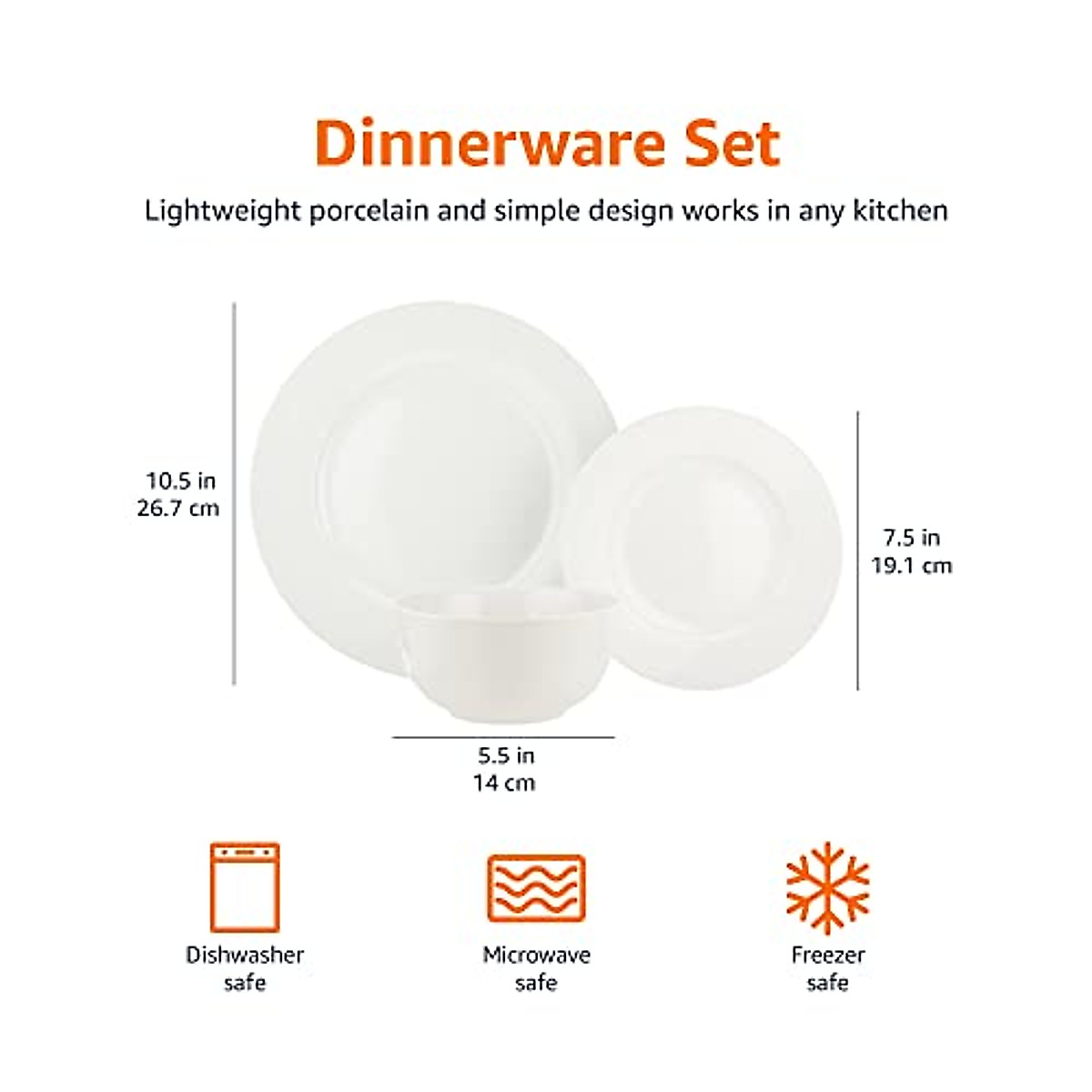 Amazon Basics 18-Piece Kitchen Dinnerware Set, Plates, Dishes, Bowls, Service for 6 - White