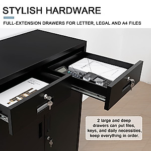 YEEZER Metal Storage Cabinet with 2 Drawers. Lockable Steel Storage Cabinet with Doors and Shelve, 37”H Office Cabinet for Home, Garage, Warehouse with Large Storage Space. (Black)