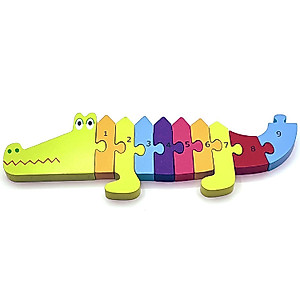 Orange Tree Toys: Crocodile Number Puzzle - 11 Piece Wooden Animal Shaped Puzzle, Learn Numbers 1-10, Colorful Educational Toy, Toddlers & Kids Age 1+