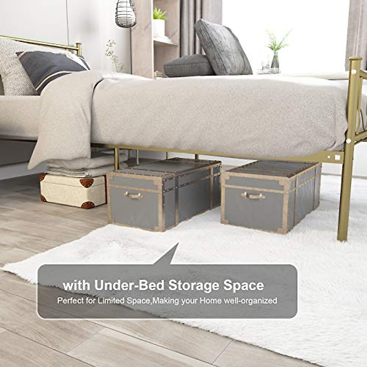 SimLife Twin Bed Frame with Headboard and Footboard Metal Platform Bed Frame Under Bed Storage Mattress Foundation No Box Spring Need Gold