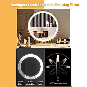 Large Vanity Desk With Round Mirror And Lights Makeup Table With 2 Drawers Dressing Table For Bedroom Golden Metal Legs Make Up Tables For Women Makeup Vanity Desk Set With Vanity Chair ( Color : Whit