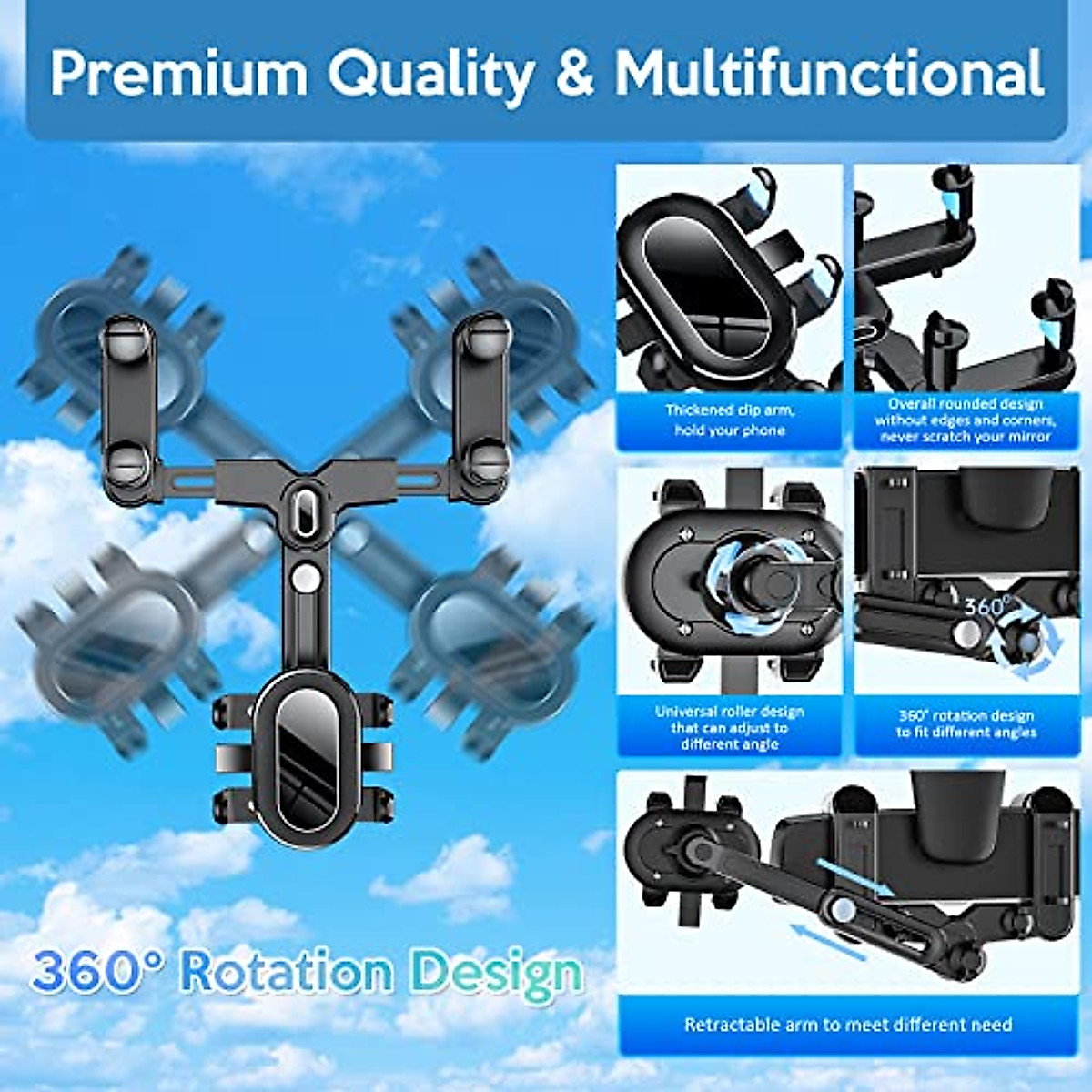 Rearview Mirror Phone Holder for Car,2023 Rotatable and Retractable Car Phone Holder Mount Multifunctional 360° Car Rear View Mirror Phone Holder Pro Clip Car Mirror Phone Mount for Mobile Phone Black