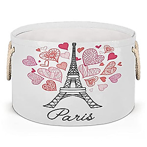 Valentine's Day Heart Eiffel Tower Large Round Baskets for Storage Laundry Baskets with Handles Blanket Storage Basket for Bathroom Shelves Bins for Organizing Nursery Hamper Girl Boy