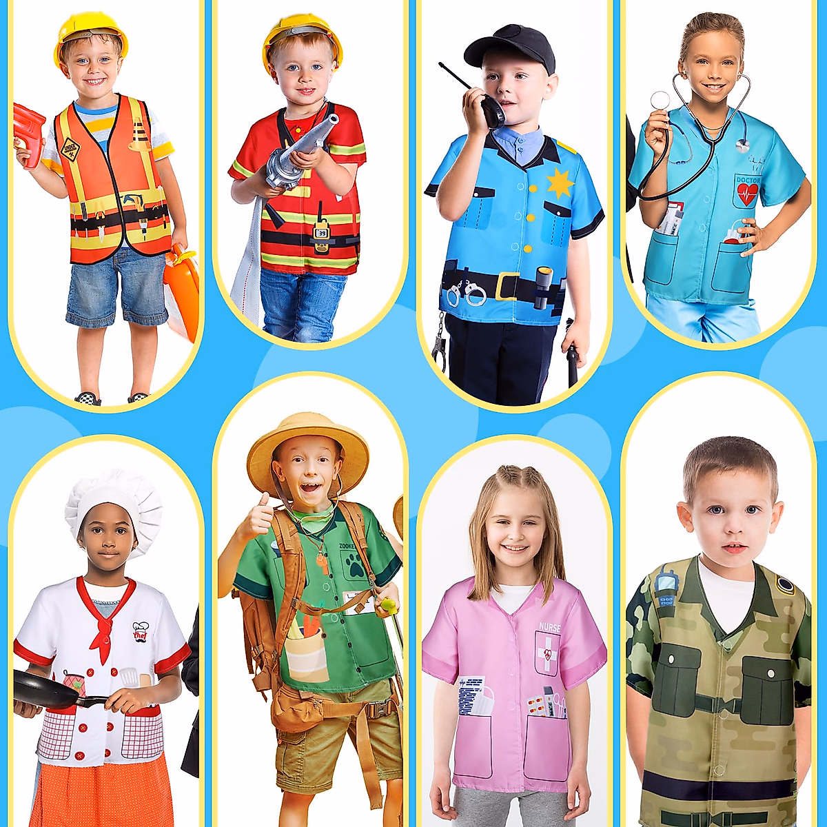 Jiuguva 12 Pcs Kids Pretend Play Costumes Firefighters Police Officers Astronauts Racers Unisex Cosplay Set(Classic)