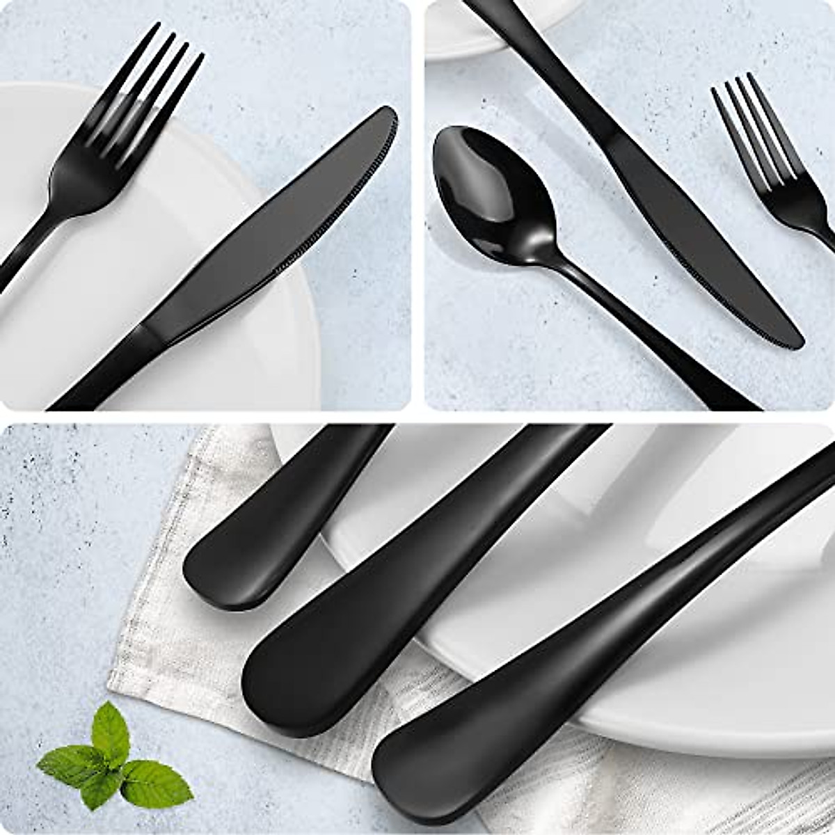 48-Piece Black Silverware Set with Steak Knives, Stainless Steel Flatware Cutlery Set for 8,Stain Finish Tableware Kitchen Utensil Set Includes Spoons Forks Knives, Dishwasher Safe