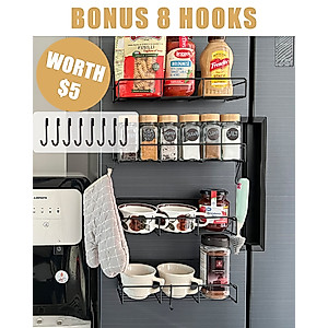 Lunememo Magnetic Spice Rack for Refrigerator - 8 Hooks - 4 Pack Magnetic Shelf Organizer for Fridge, Microwave Oven and Whiteboard - Space Saving Seasoning Rack for Small Kitchen, Black