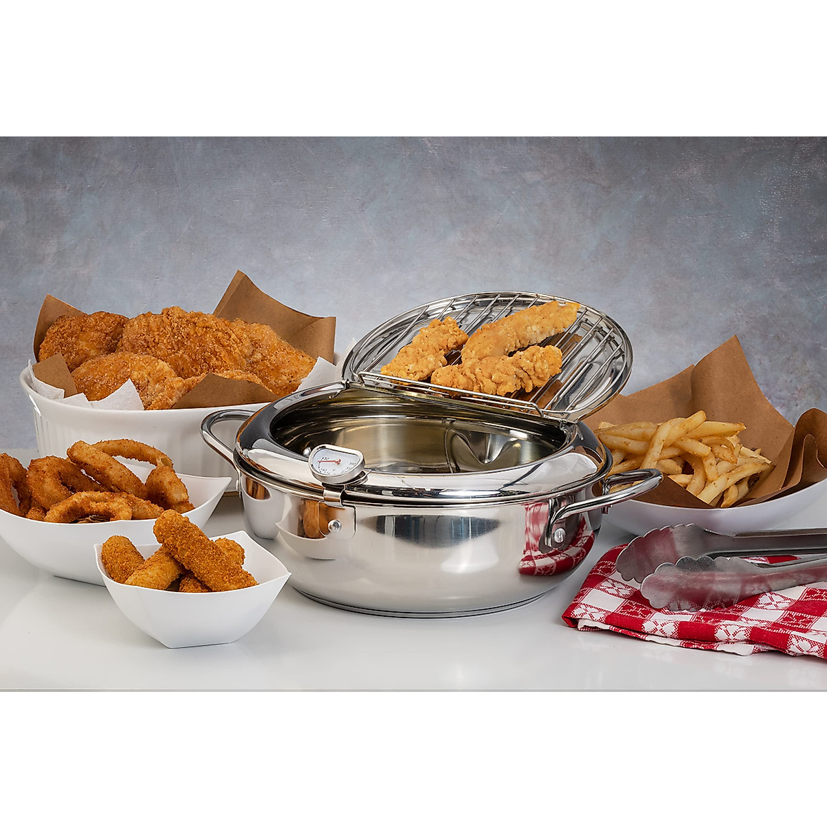 Deep Fryer Pot (°F),Stylish Tempura Fryer,Small Japanese Style 3.4L Stainless Steel Deep Frying Pot With Lid & Oil Drip Drainer Rack and Detachable Fahrenheit Temperature Control,Size: 9.8 Inches