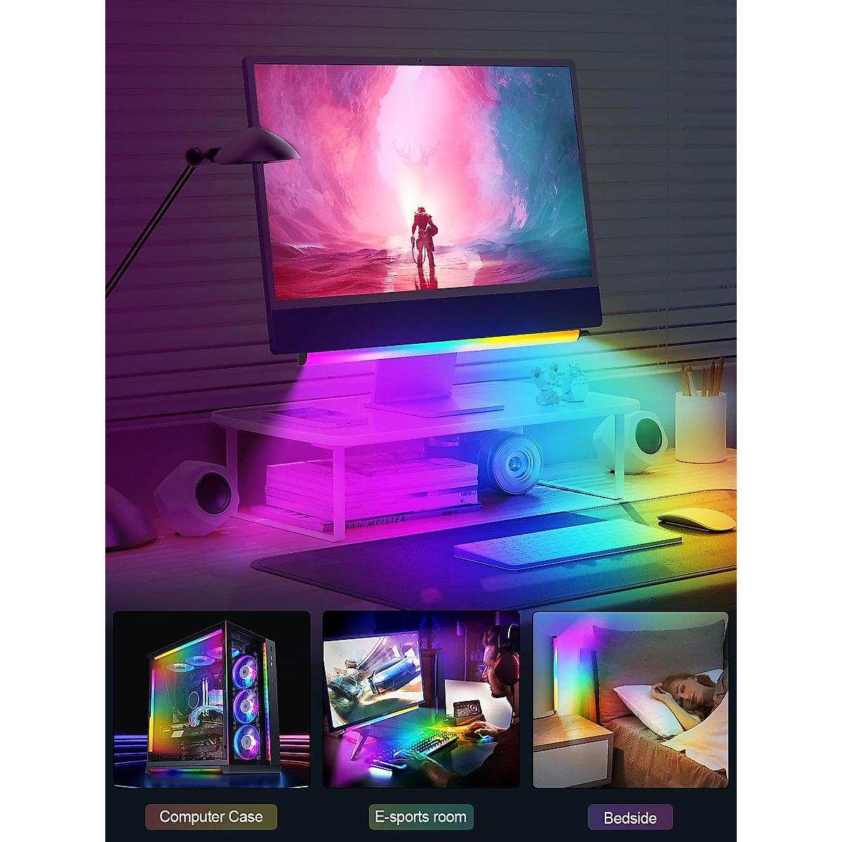KANTUTOE Monitor Down Light Bar, RGB Screen Desk Light PC, Dimmable LED Dynamic Rainbow Effect, Adjustable Brightness, Speed and Music, Remote Control Color Change, for Game Room