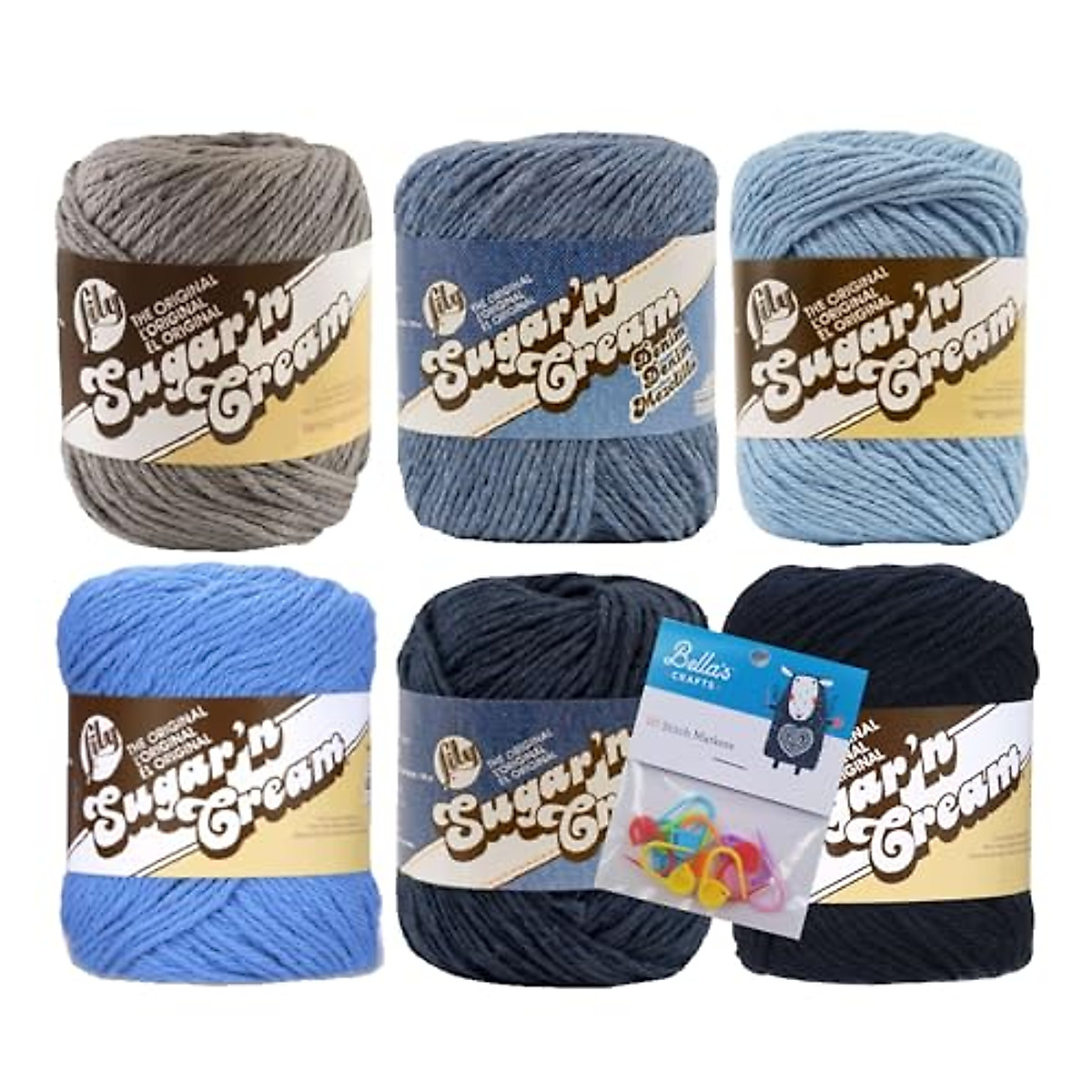 Lily Sugar'n Cream 100% Cotton Yarn 6-Pack Bundle with Bella's Crafts Stitch Markers (Blue Mix 2)