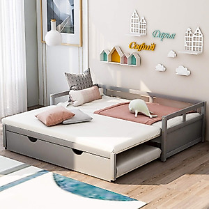 Merax Modern Extending Daybed with 2 Pop Up Trundle Beds Twin to King Wood Sofa Day Bed with Headboard No Box Spring Needed Grey