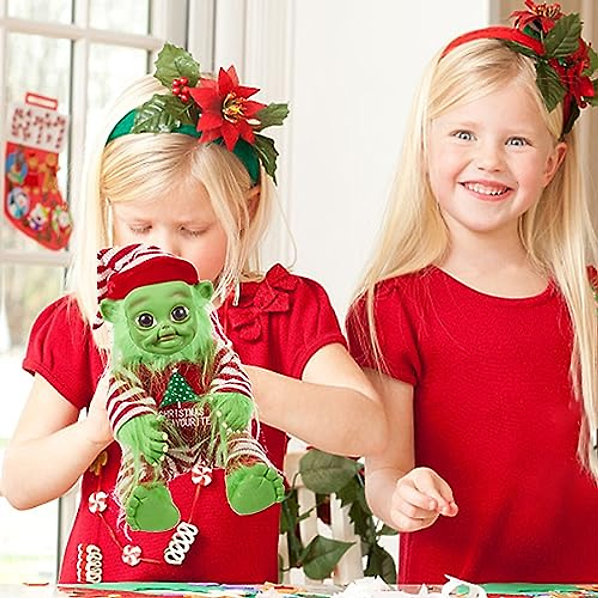 TRURENDI Christmas Doll, 10'' Green Furry Monster Latex Doll with Cute Xmas Clothes, Christmas Doll Gifts Xmas Decor (Red Stripes, 28 * 20 * 20 cm)