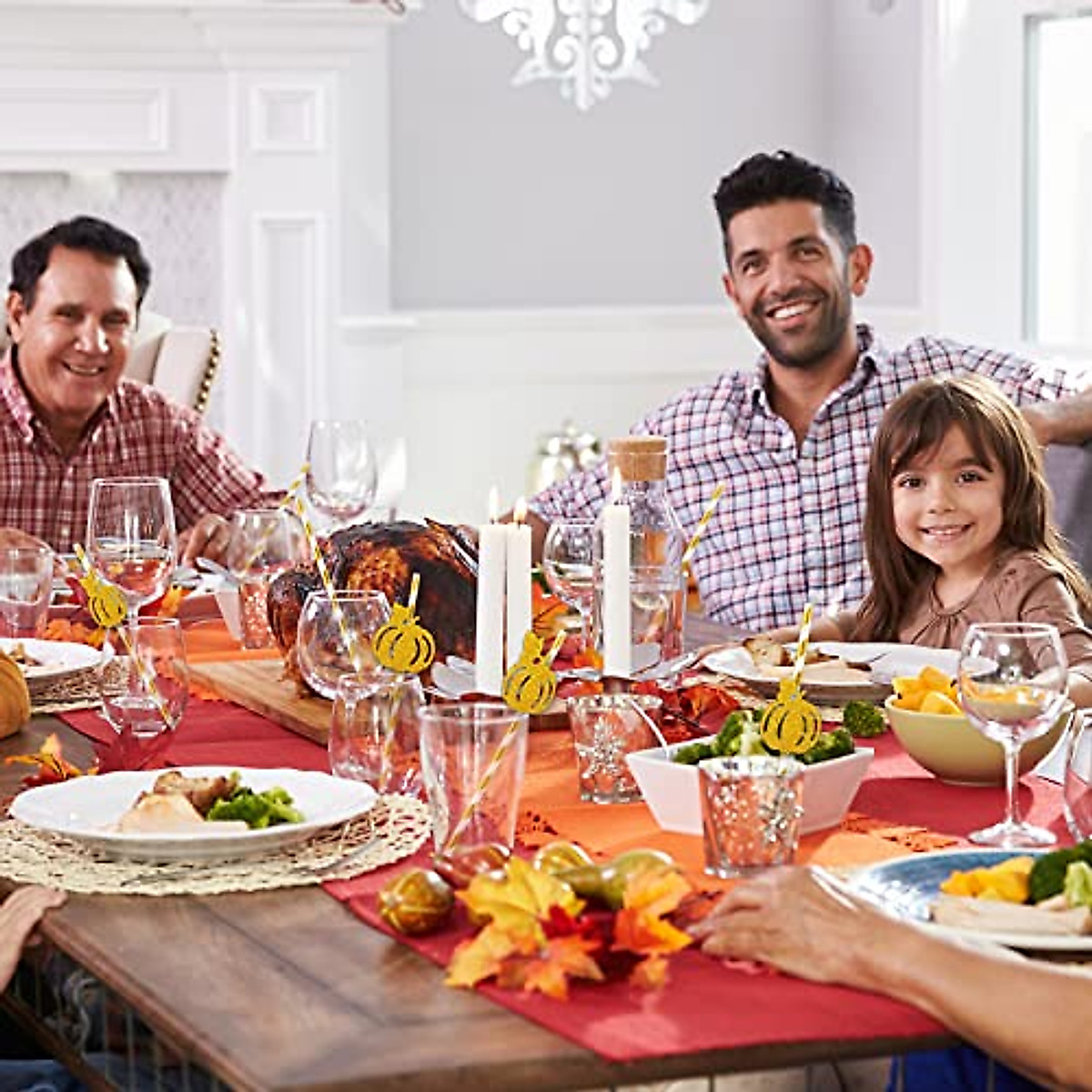 Whaline 50Pcs Thanksgiving Fall Pumpkin Paper Straws Glitter Gold Foil White Stripe Disposable Straws Fall Harvest Drinking Straws with Glue Points for Autumn Thanksgiving Wedding Party Table Decor