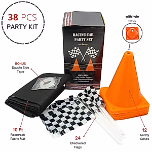 38 Pcs Set - 12 Traffic Cones With Hole on Top, 24 Checkered Flags, Racetrack Floor Runner - for For Race Car Birthday Party Supplies, Table Centerpiece Decorations for Kids by 4E's Novelty