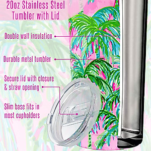 Lilly Pulitzer 20 Oz Insulated Tumbler with Lid, Pink/Green Stainless Steel Travel Cup, Double Wall Metal Tumbler, Suite Views