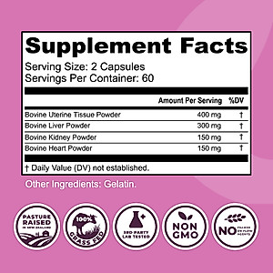 Beef Organ Supplement for Women - Beef Liver, Kidney, Heart and Uterus Tissue, Supports Women's Overall Energy and Health - Pasture Raised in New Zealand - No Fillers or Flow Agents - 120 Capsules