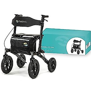 Helavo All Terrain Walker with Pneumatic Tires - Foldable Outdoor Walker for Seniors with Seat - Best Comfort on All Surfaces