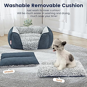 Miguel Washable Cat Beds for Indoor Cats with Removable Cushion, Easy to Wash Small Pet Sofa Bed with Side, Rectangle Bolster Kitten Bed Calming Cuddle Puppy Bed with Anti-Slip Bottom, Blue 18 Inch