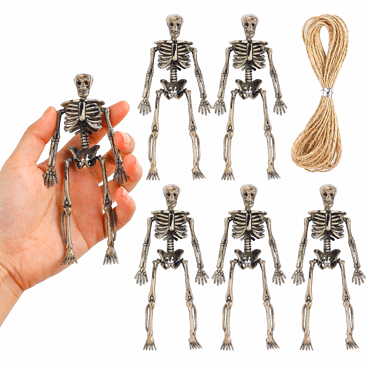 FINGOOO Small Skeleton Figurine 6 Inches,6 Pieces Plastic Skeletons Mini Poseable Skeleton Toy for Crafts Halloween Decoration (Make-Old)