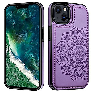MMHUO for iPhone 14 Case with Card Holder, Flower Magnetic Back Flip Wallet Case for Women, Protective Case Phone Case, Purple