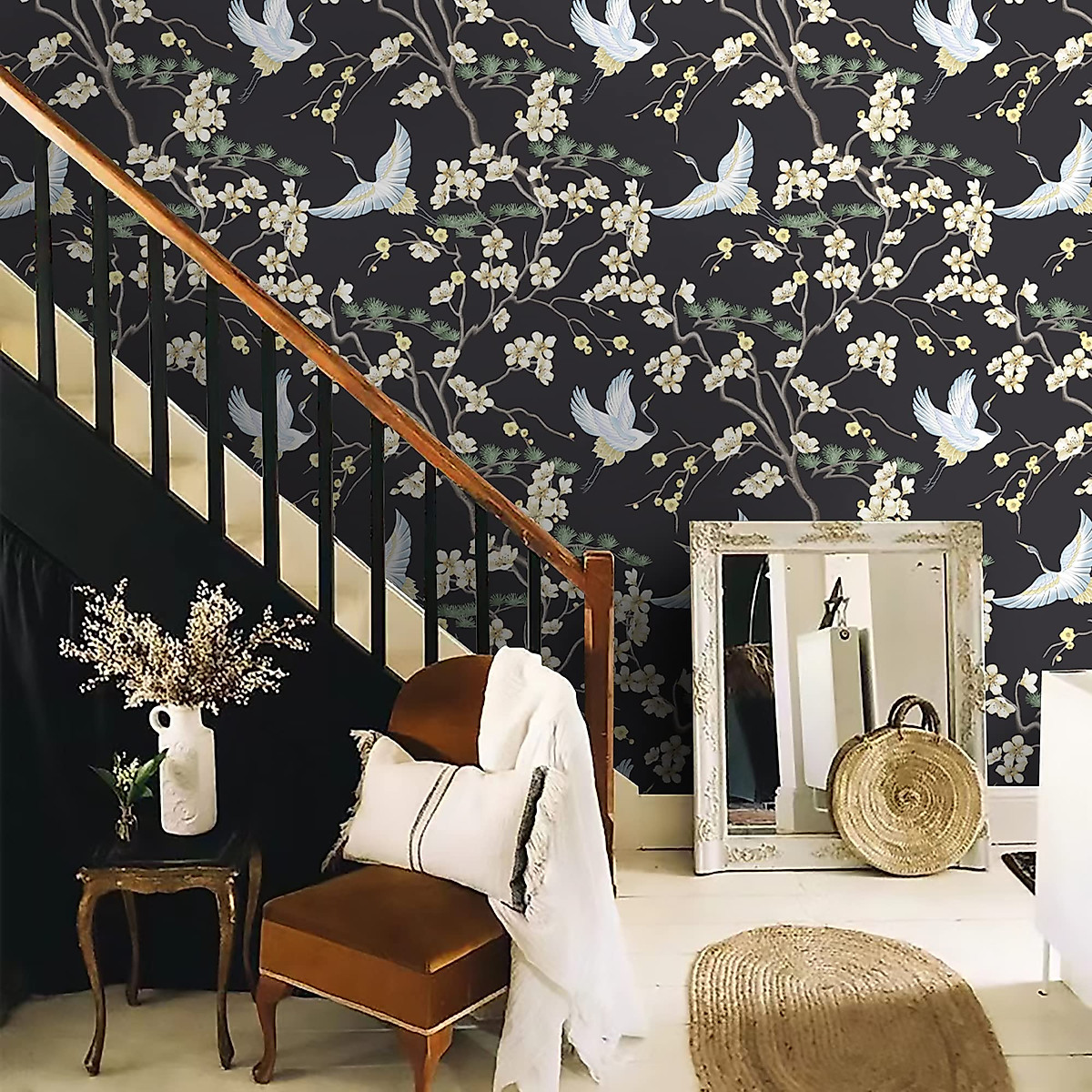 Micpolo Peel and Stick Wallpaper Black Floral Contact Paper Flowers and Birds Wall Paper Self Adhesive and Removable 16.1"x78"