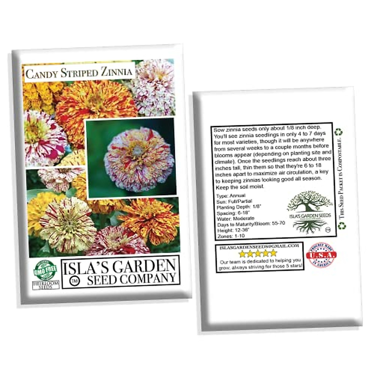 "Candy Stripe Mix" Zinnia Seeds for Planting, 50+ Flower Seeds Per Packet, (Isla's Garden Seeds), Non GMO & Heirloom Seeds, Botanical Name: Zinnia elegans, Great Home Garden Gift