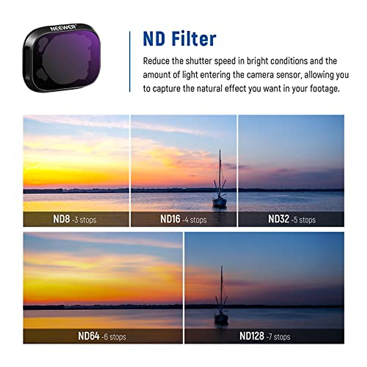NEEWER ND Filter Set Compatible with DJI Mini 3/Mini 3 Pro, 6 Pack CPL ND8 ND16 ND32 ND64 ND128 Neutral Density Filter Drone Lens Accessory, Multi Coated HD Optical Glass, Aluminum Alloy Frame