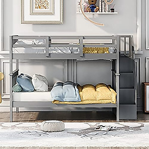 Merax Full-Over-Full Soild Wood Stairway Bunk Bed with Storage and Guard Rail for Bedroom, Dorm, Bunk Bed for Kids, Adults, Gray