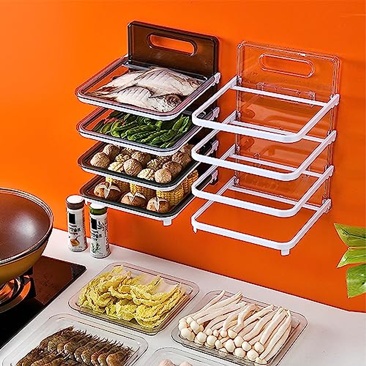 ZYLLZY Kitchen Side Dish Organization Rack, Wall Mounted Food Sorting Tray, Multilayer Food Sorting Tray, 4 Layers Storage Tray Collapsible Side Dish Stacking Storage for Hotpot Kitchen(Grey)