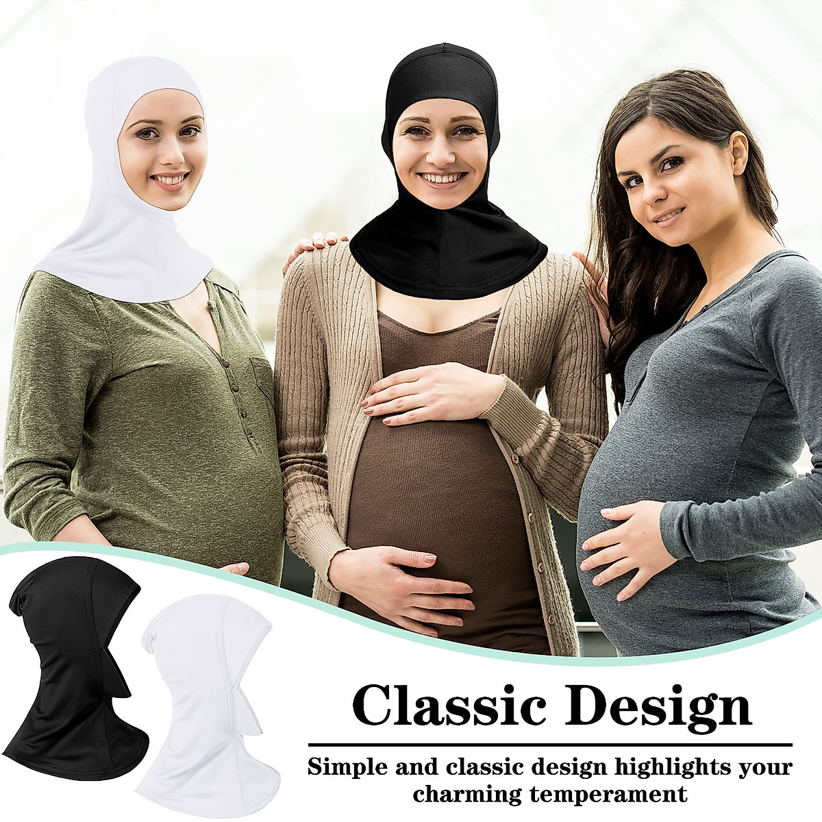 2 Pieces Modal Hijab Cap Adjustable Muslim Stretchy Turban Full Cover Shawl Cap Full Neck Coverage for Lady (White, Black)