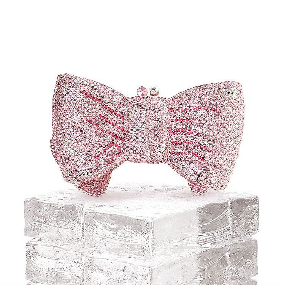 DEBIMY Ladies Pretty Bowknot Clutch Purse Sparkly Rhinestone Crystal Evening Bag Wedding Party Handbag Wallet Pink Silver