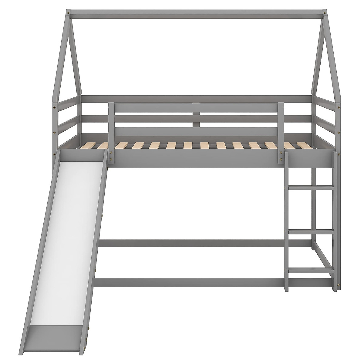 LostCat Twin Over Twin Bunk Bed with Slide,House Shaped Wooden Bunkbeds w/Safety Guardrail and Ladder,No Box Spring Needed,Suitable for Girls Boys,Grey
