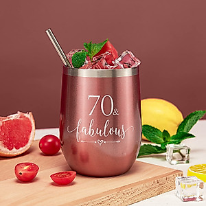 Crisky Rose Gold 70 & Fabulous Wine Tumbler for Women 70th Birthday Gifts for Women, Wife, Mom, Sister, Aunt, Friends, Coworker Her, Vacuum Insulated Coffee Cup,12oz with Box, Lid, Straw