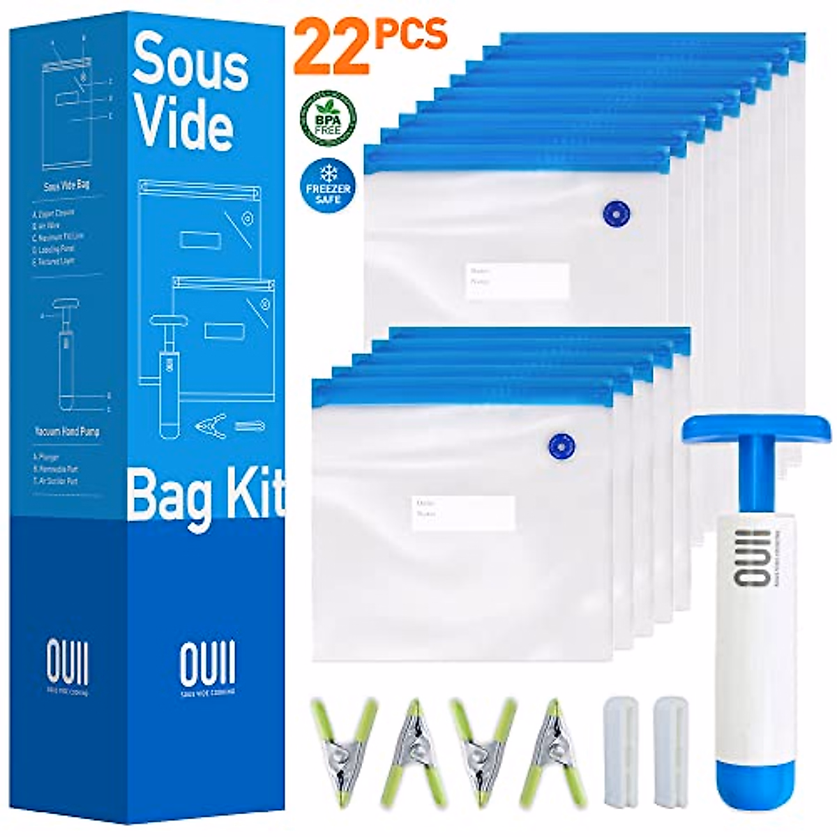 OUII Sous Vide Bags for Joule and Anova Cookers - 15 Reusable BPA-Free Sous Vide Bags with Vacuum Hand Pump in Various Sizes -Vacuum Sealer Bags Food Storage Freezer Safe - Fits Any Sous Vide Machine