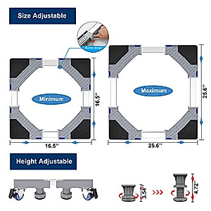 Fridge Stand Universal Mobile Base Movable Washing Machine Base Stand Adjustable Washer Dryer Refrigerator Bases Appliance Dolly Square with 4 Locking Dual-wheel and 8 Lifting Feet (Single-tube)