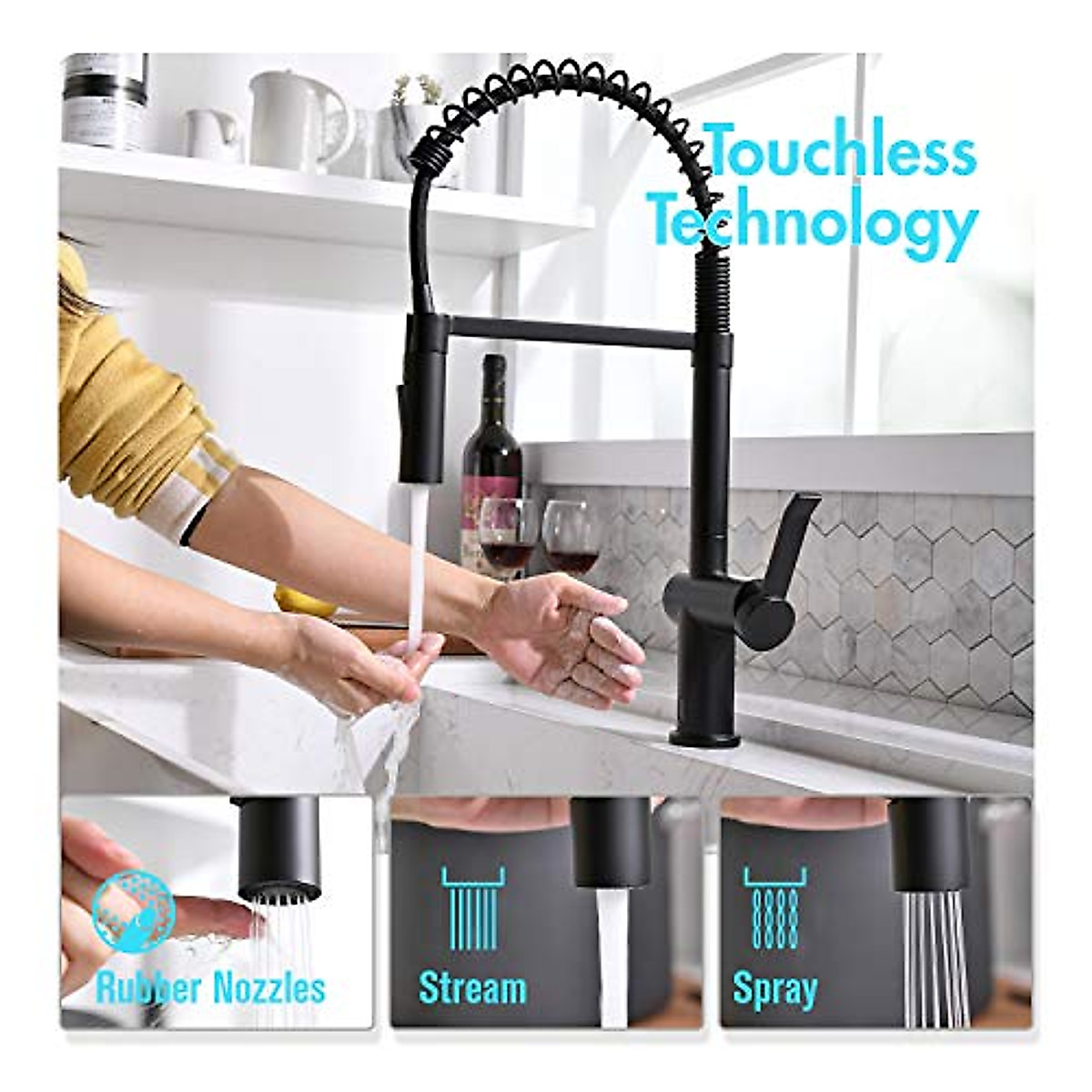 Touchless Pull Down Kitchen Faucet with Sprayer, APPASO Motion Sensor Activated Hands-Free Automatic Kitchen Faucet, Inducing Single Handle Smart Faucets for Kitchen Sink, Solid Brsss, Matte Balck