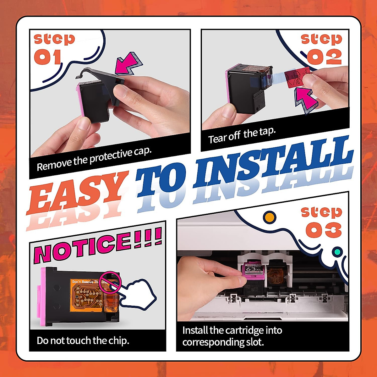 INKCLOUD Higher Yield 63XL Ink Cartridges Replacement for HP 63 Ink 63XL Work with HP OfficeJet 3830 4650 4655 5255 5258 Envy 4520 4512 4513 4516 DeskJet 1112 3630 2132 Printer(2 Black, 1 Tri-Color)