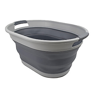 SAMMART 28L (7.4 gallon) Oval Collapsible Plastic Laundry Basket - Foldable Pop Up Storage Container/Organizer - Portable Washing Tub - Space Saving Hamper/Basket (1, Grey)