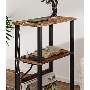 VIMBER 2-Set of 7.8" Narrow Side Table for Small Spaces, Skinny End Table with Charging Station, Sofa Beside Table with Storage Shelf, Slim Nightstand with USB Ports Outlet, Rustic and Brown
