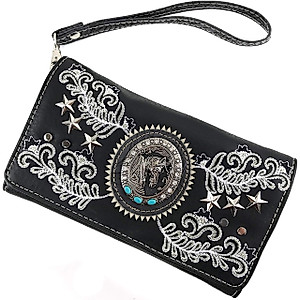 Zelris Western Horse Portrait Star Floral Women Crossbody Wrist Trifold Wallet (Black)