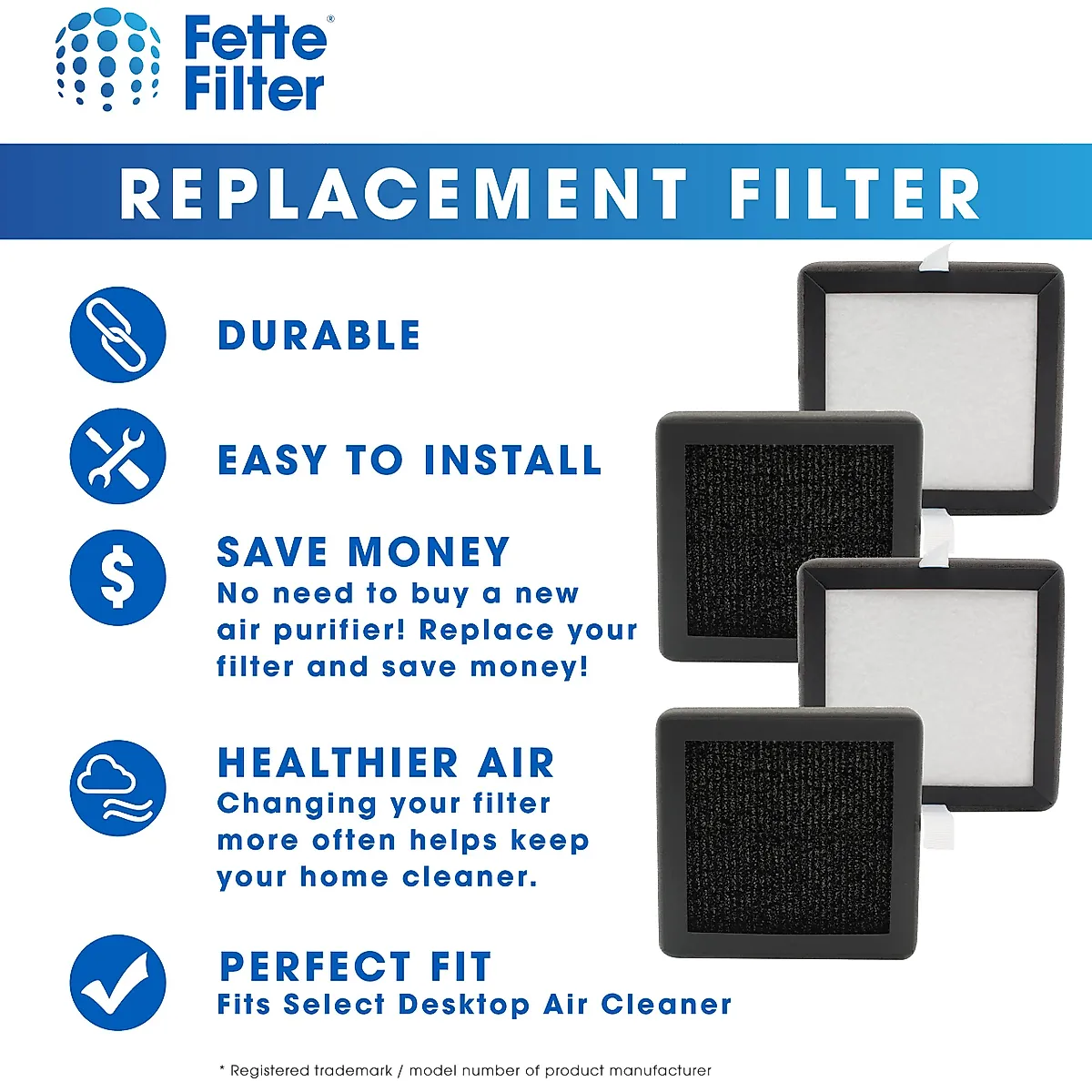 Fette Filter - True HEPA Air Purifier Filters with Activated Carbon Filters Compatible for Potulas Compact Desktop Air Purifier - Pack of 4
