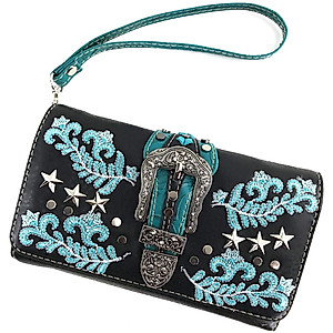 Zelris Western Buckle Star Floral Women Crossbody Wrist Trifold Wallet (Turquoise)